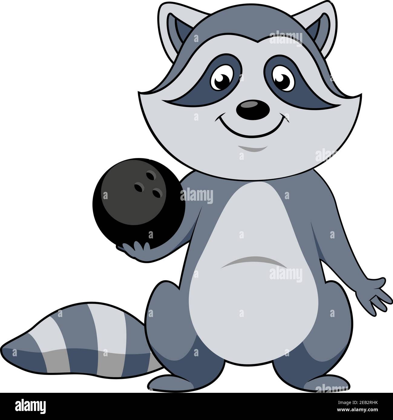 Funny cartoon raccoon player with black bowling ball isolated on white ...