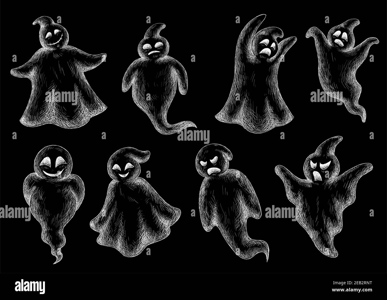 Different hand-drawn flying Halloween ghosts in white chalk on a ...
