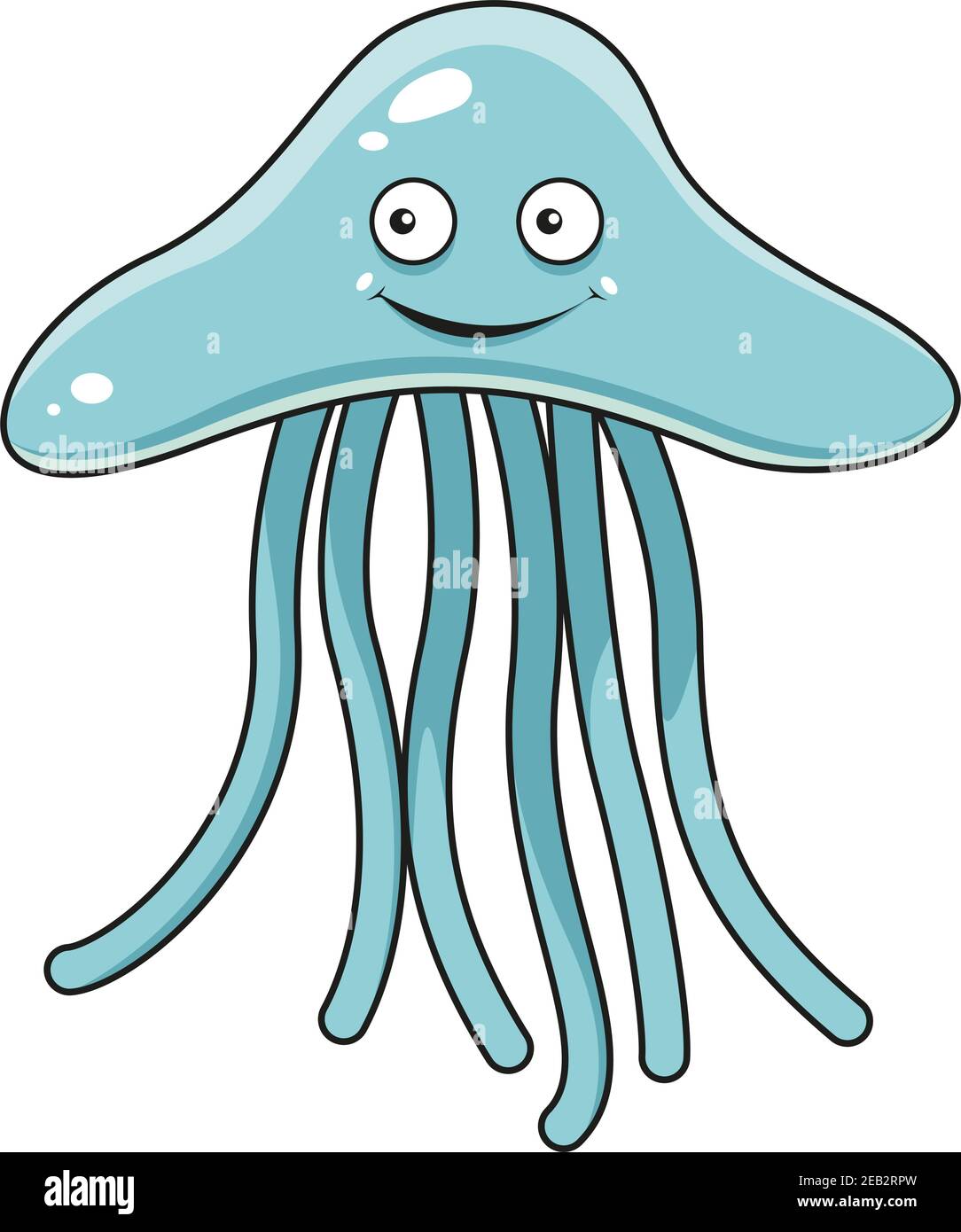 Blue jellyfish cartoon character with long tentacles and shy smile, for ...