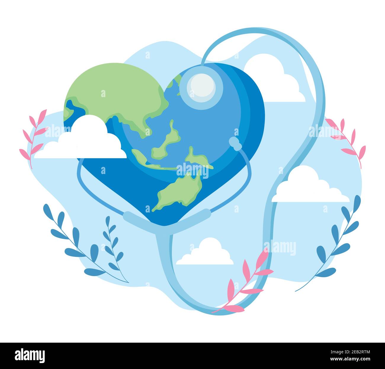 world health day concept, heart in earth planet shape and stethoscope ...