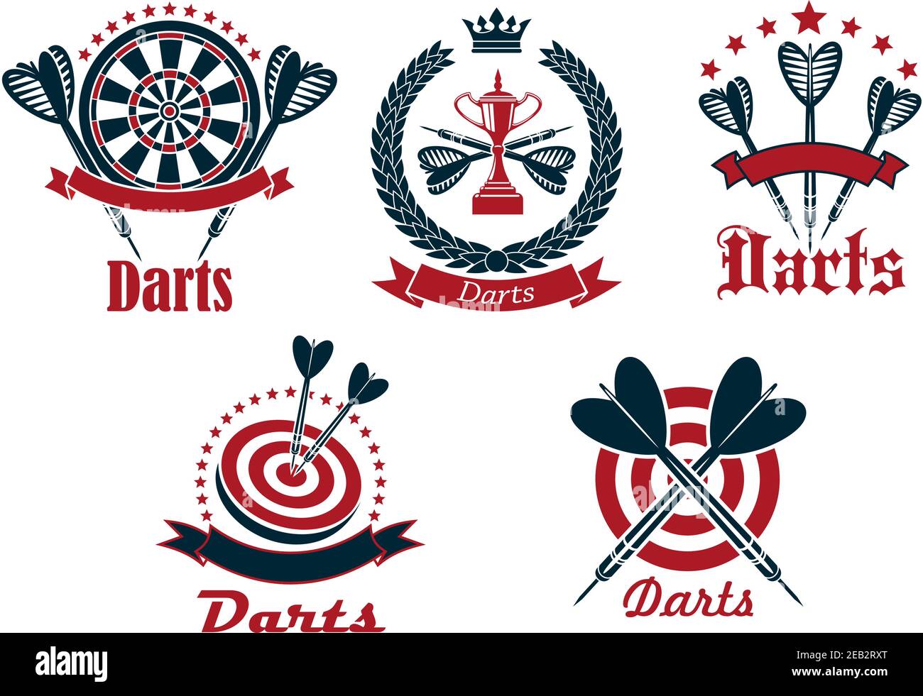 Dart game tournament icons and symbols with arrows, dartboard, banners ...