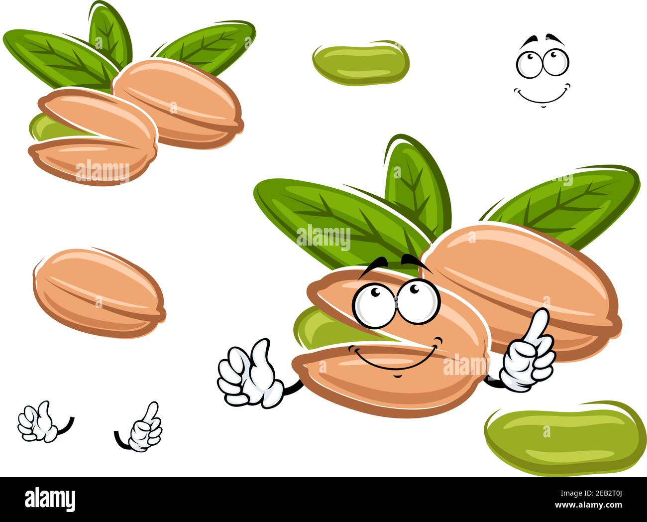 Smiling happy cartoon pistachio nut with green leaves and hands with a ...