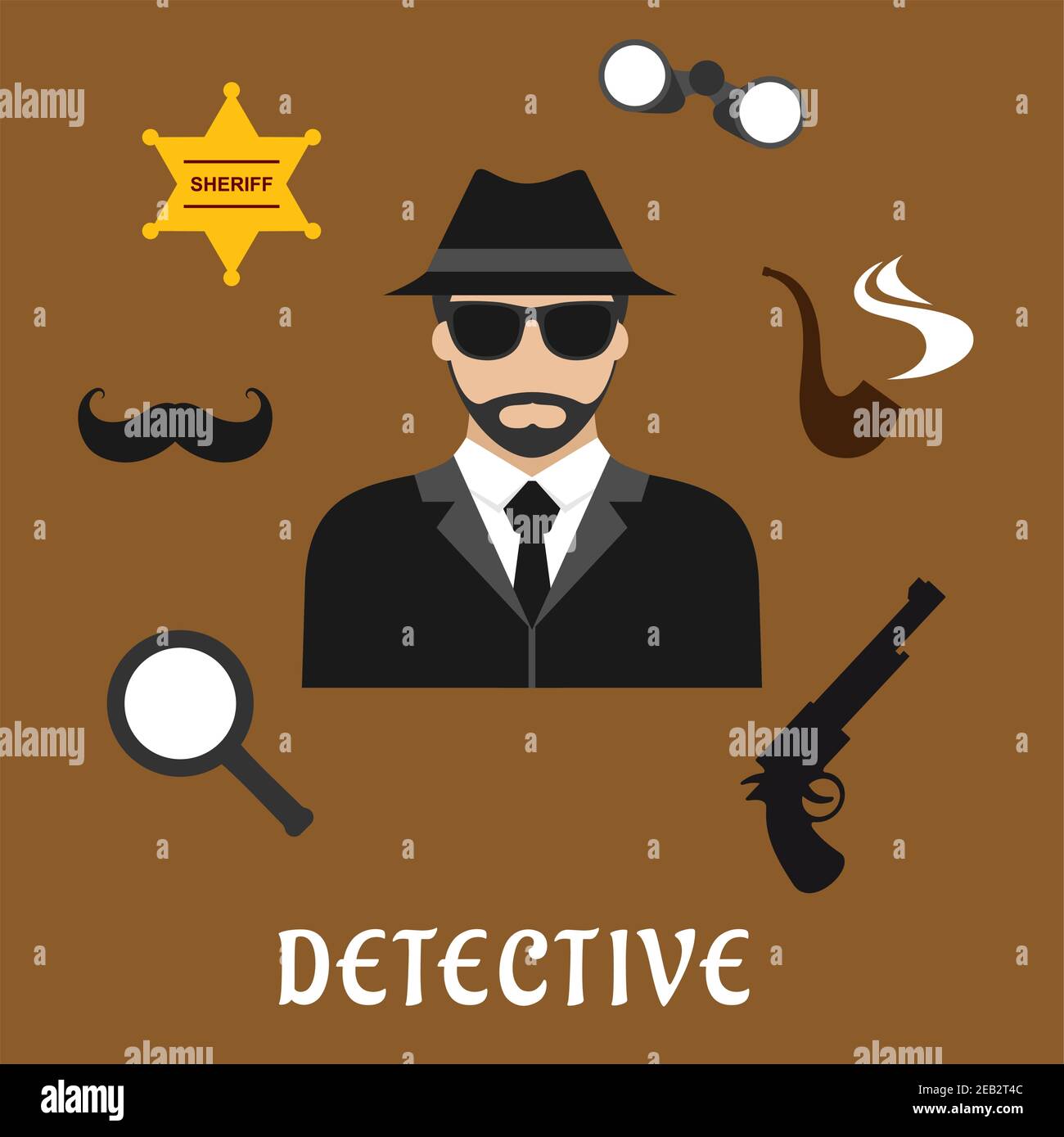 Detective profession flat icons with bearded man in black hat and ...
