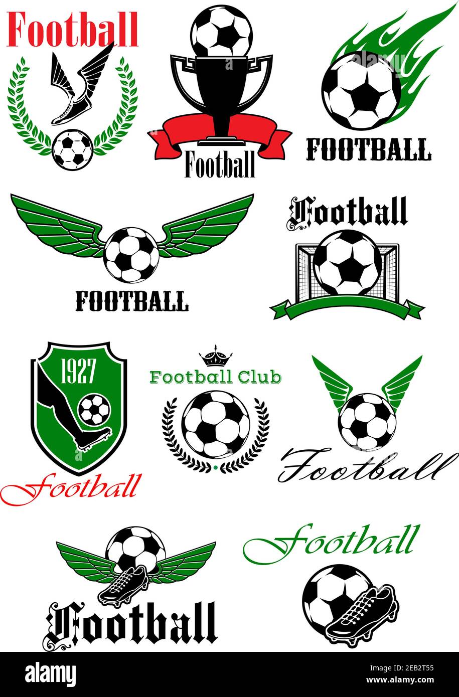 Football and soccer icons with soccer balls, shoes, trophy and gate ...