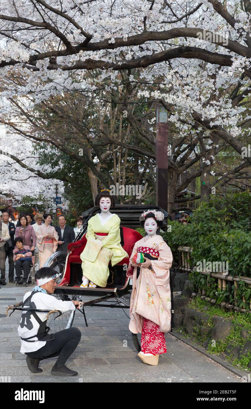 Kyoto Japan Two women dressed as Geisha and a rickshaw driver pose for ...