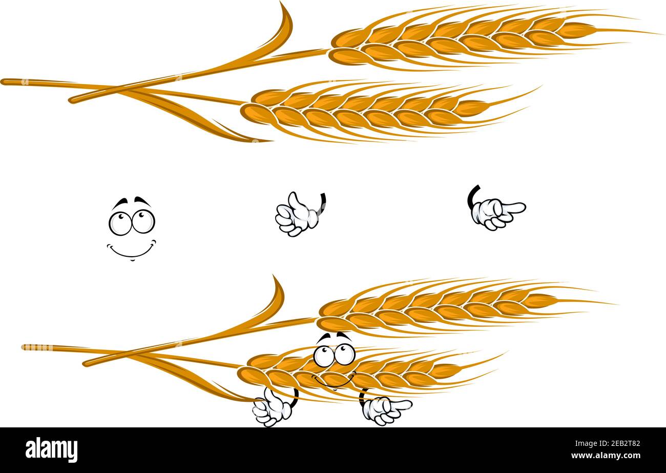 Cartoon ears of ripe yellow wheat character with pensive smiling face ...