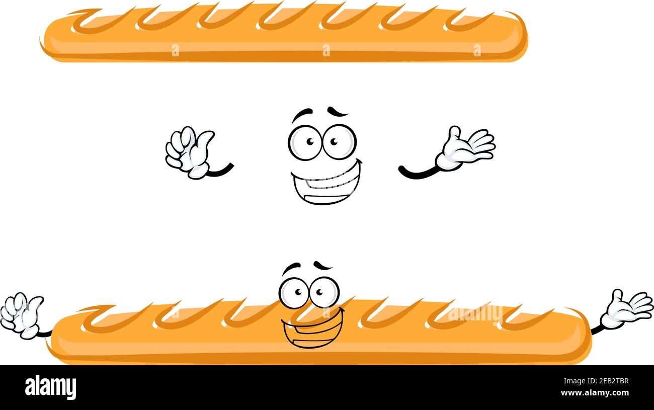 Funny cartoon baked french baguette bread character with happy face and ...