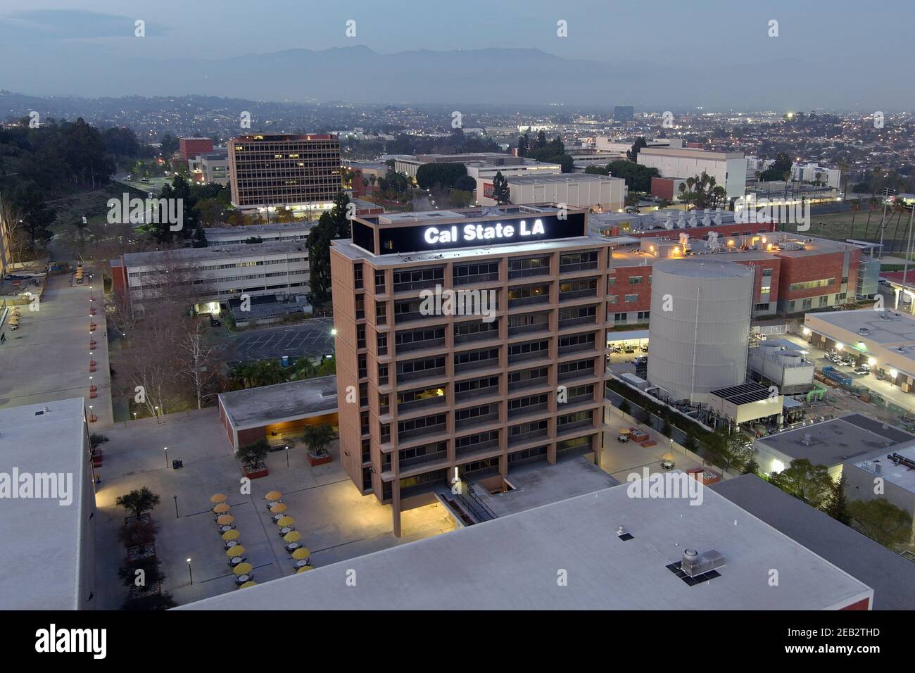 An aerial view of Simpson Tower and Salazar Hall at Cal State LA ...