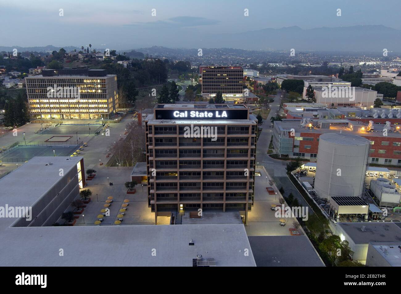 An aerial view of Simpson Tower and Salazar Hall at Cal State LA ...