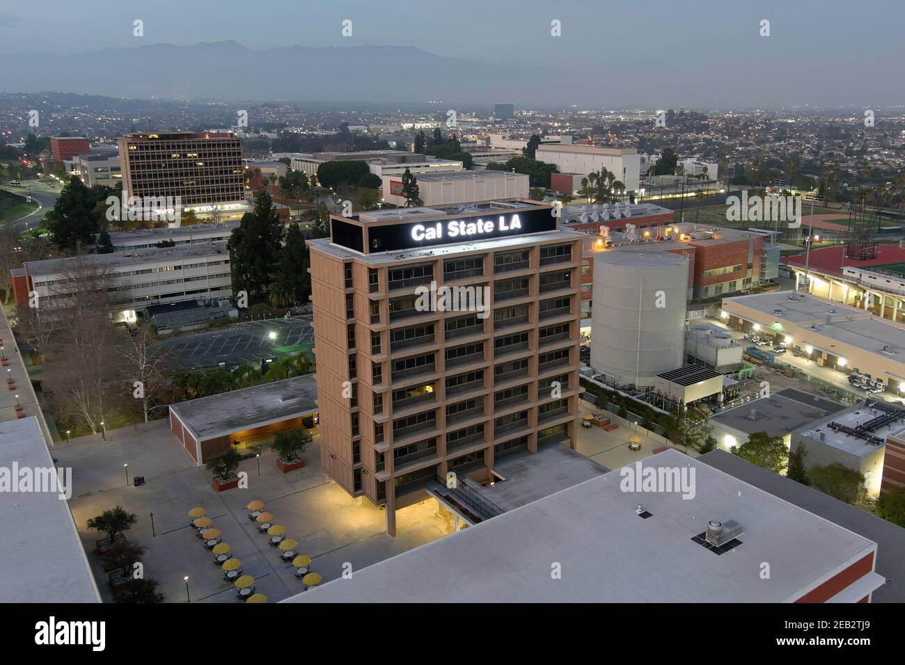 An aerial view of Simpson Tower and Salazar Hall at Cal State LA ...