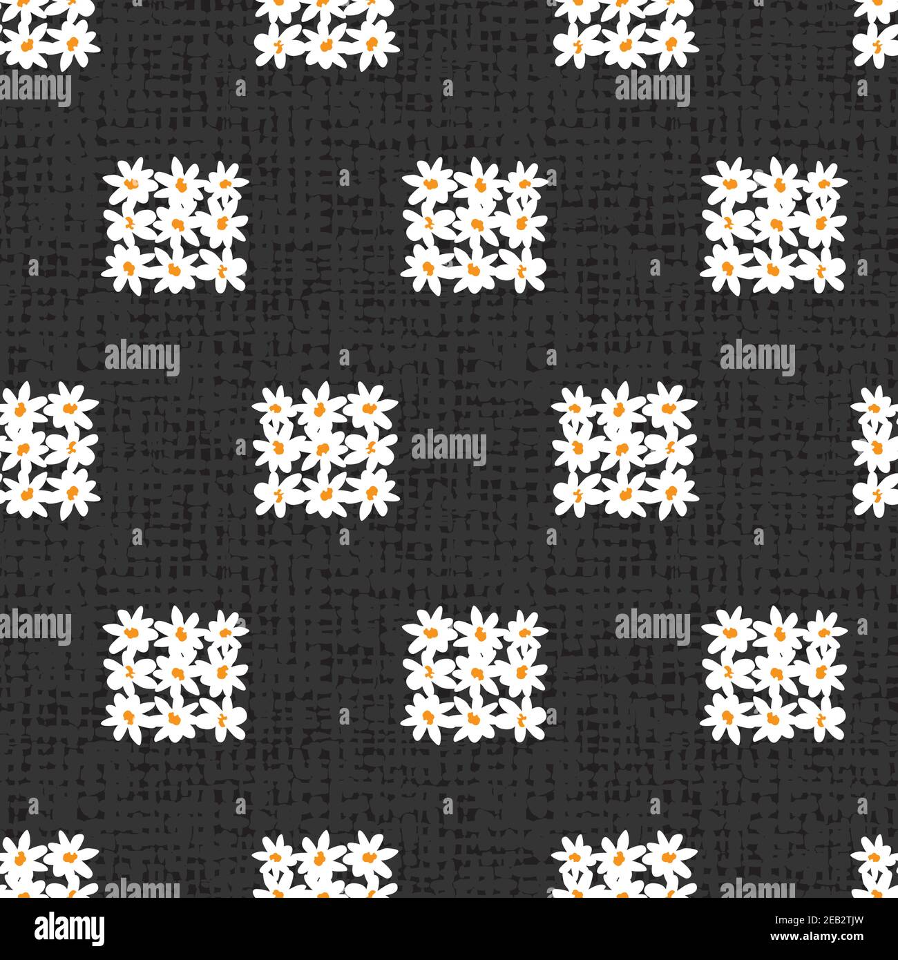 Vector black fun daisy flowers elegant squares repeat pattern with dark grey canvas background ...