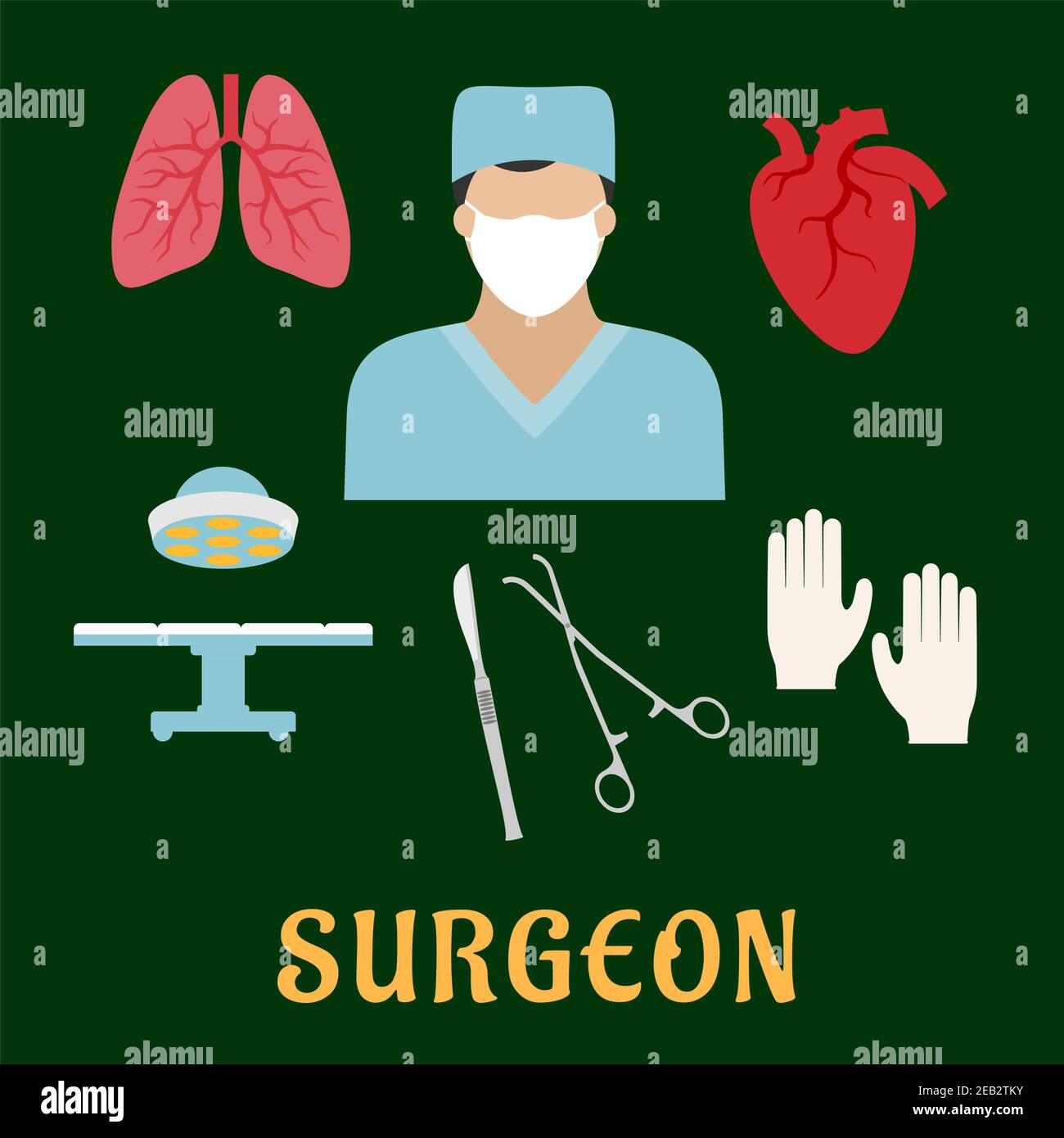 Surgeon profession flat icons with doctor wearing in blue scrubs and ...