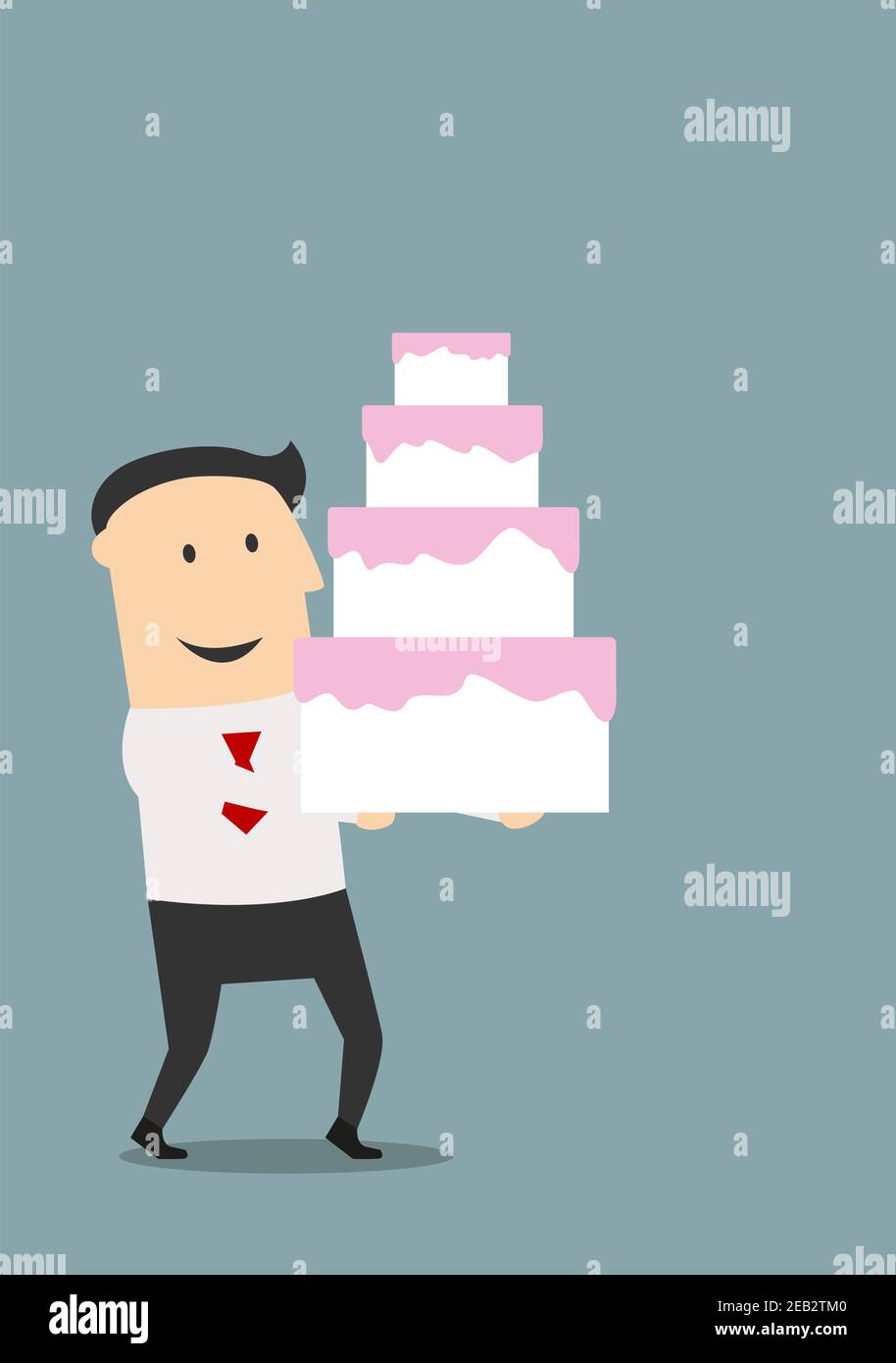 Businessman carrying a multi-tiered birthday or wedding cake with pink ...
