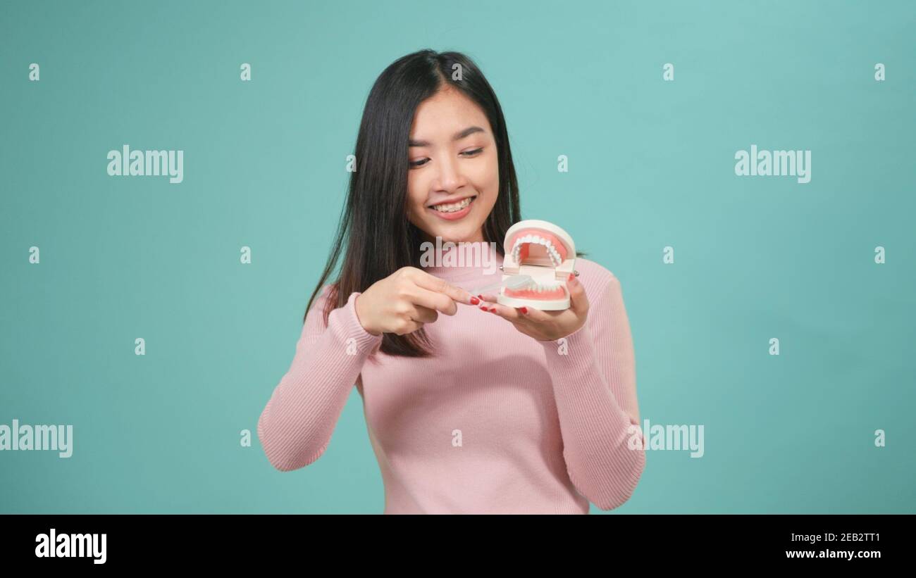Asian young beautiful woman smile showing model how to clean the teeth ...