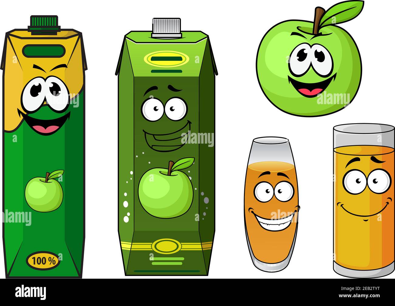Natural apple juice cartoon characters with green apple fruit, carton ...