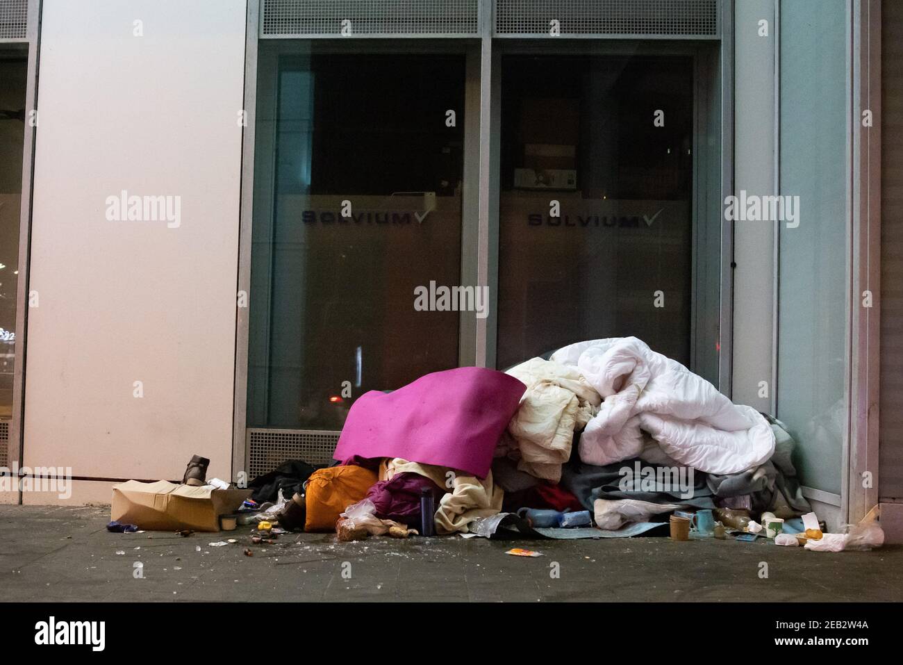 Hamburg, Germany. 10th Feb, 2021. Sleeping place of a homeless person ...