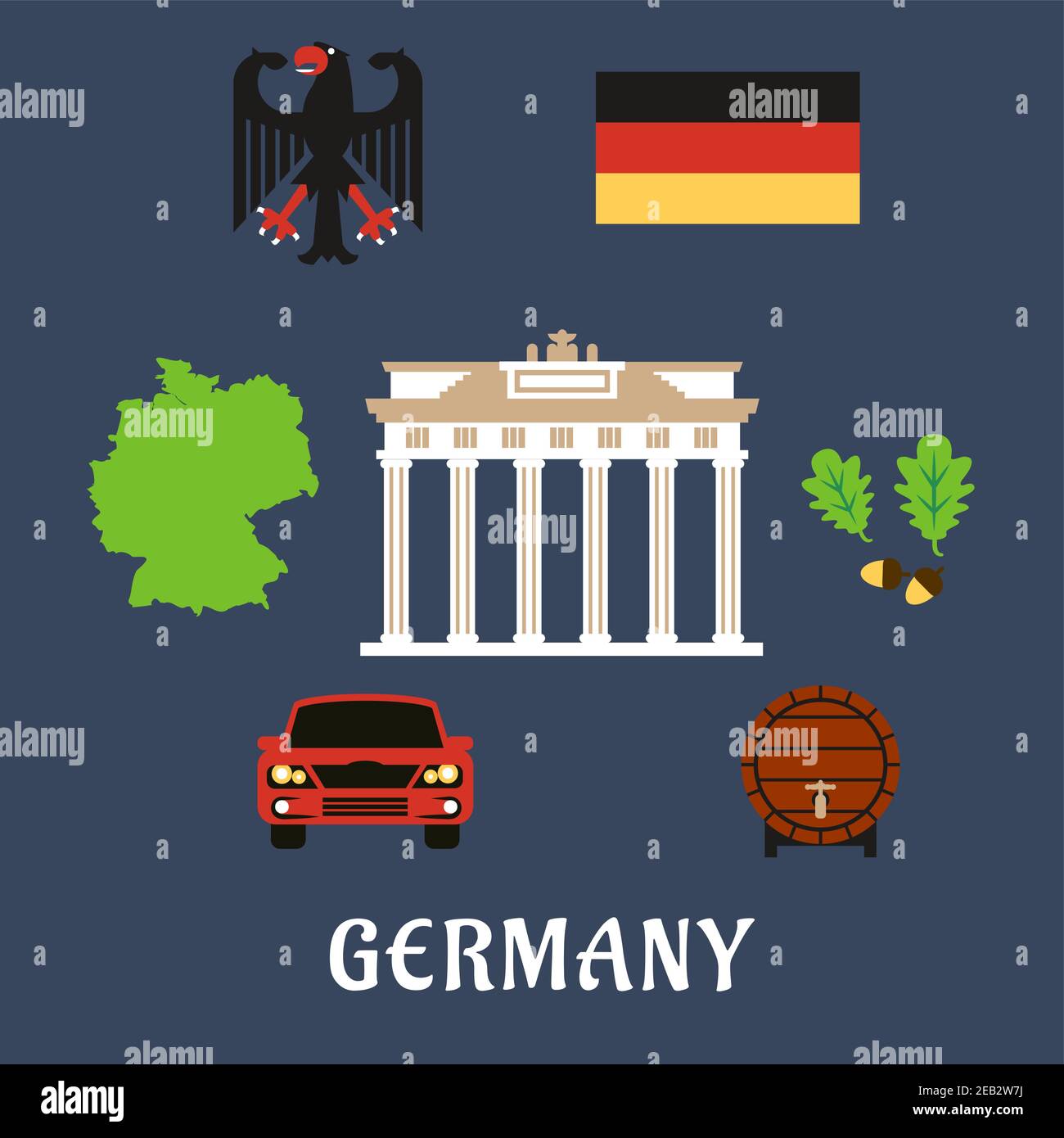 Germany national and travel flat icons with map, flag, black eagle ...