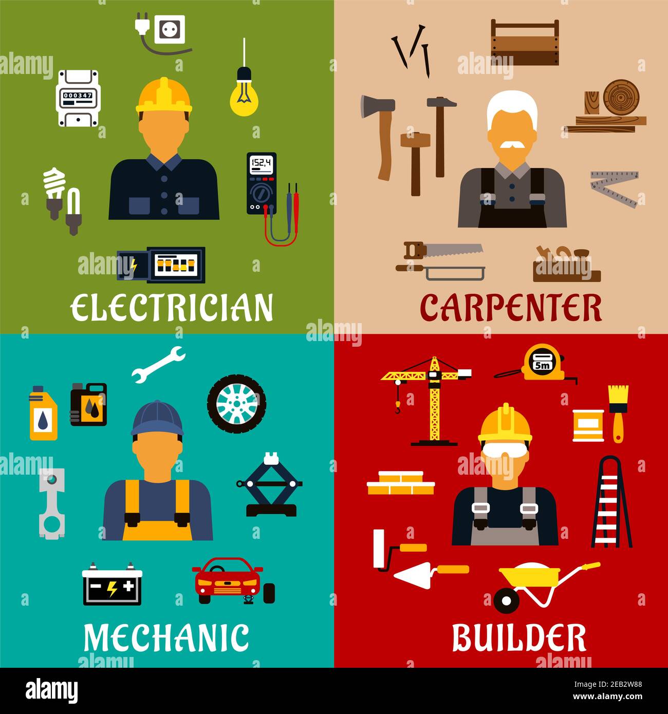 Builder, electrician, mechanic and carpenter profession flat icons ...