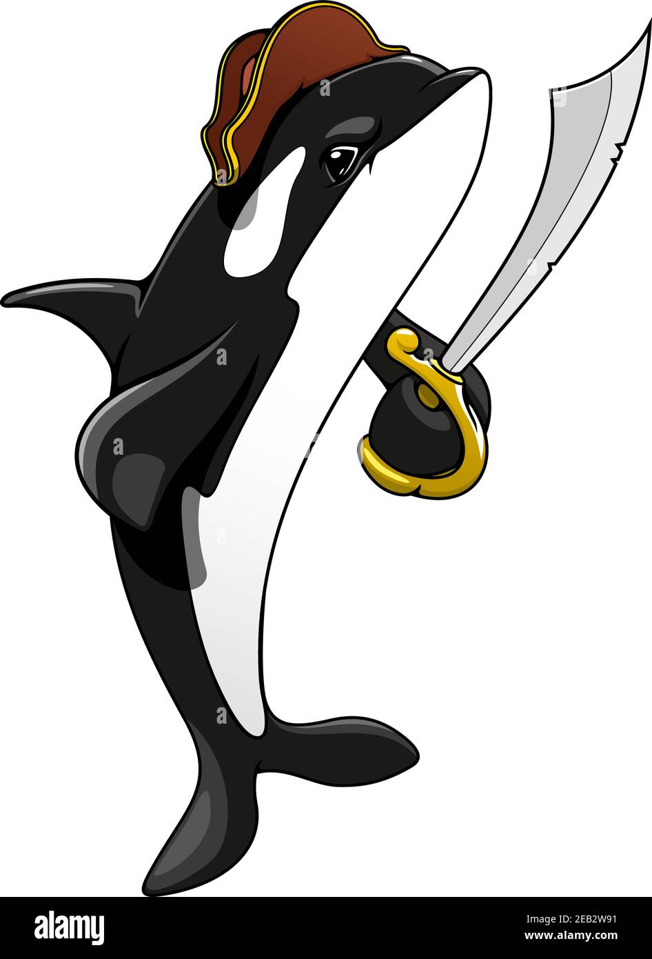 Cartoon pirate killer whale character with sword standing on tail ...