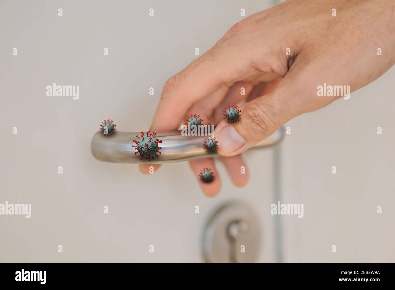 Viruses on the doorknob. Coronovirus COVID 19. Human life through which ...