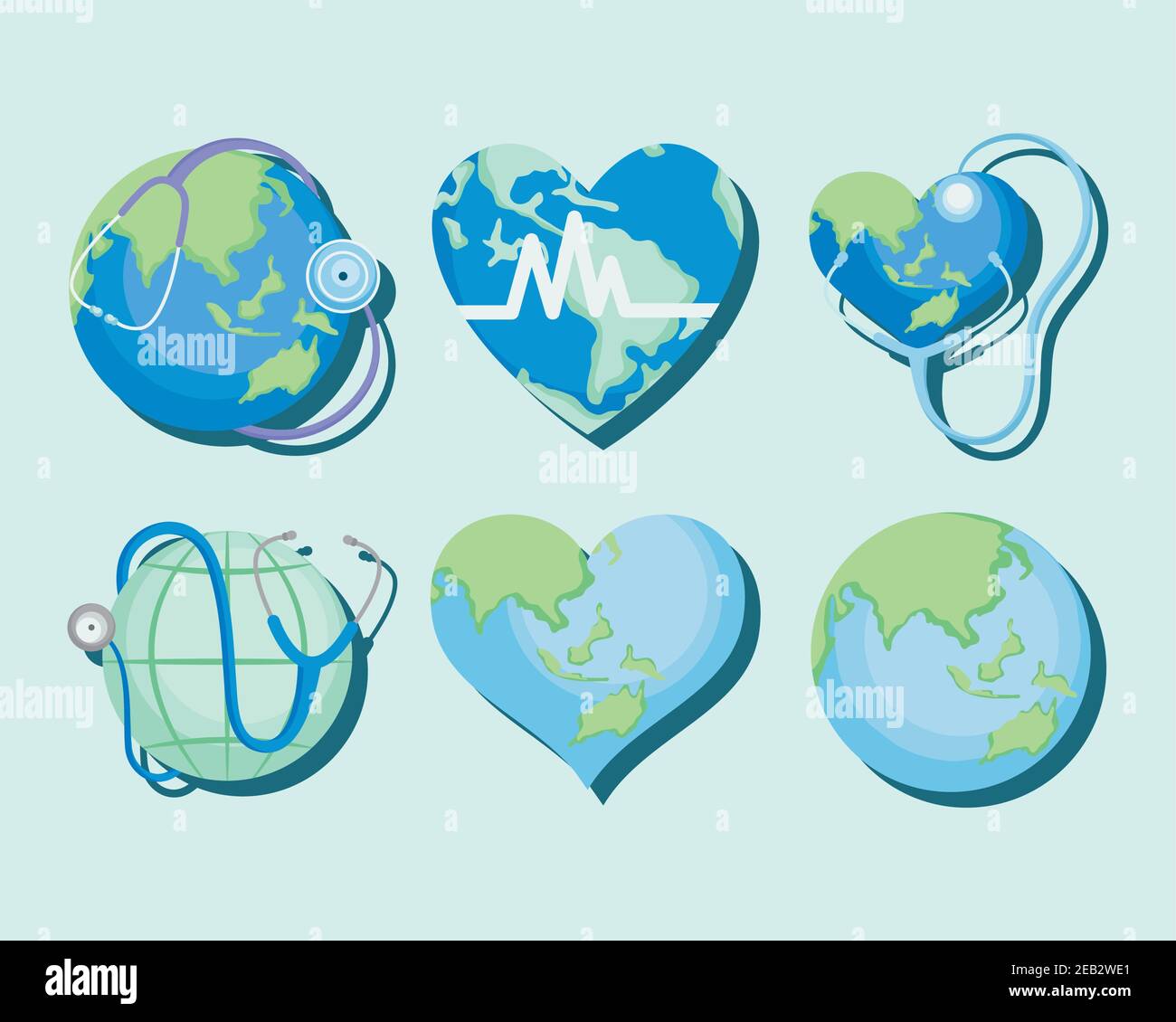 earth planets and stethoscopes icon set over blue background, colorful ...