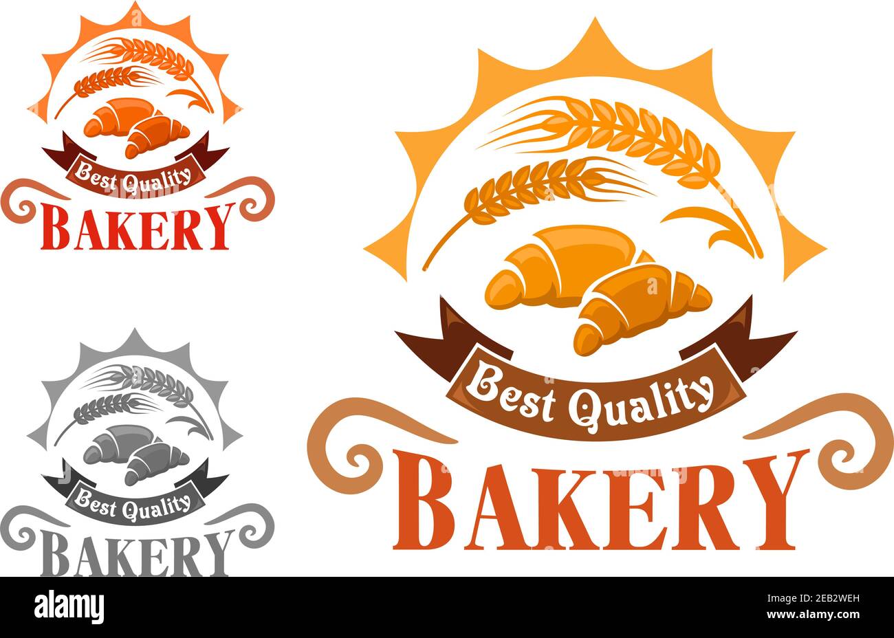 Bakery shop emblem with french croissants and golden wheat ears in rays ...