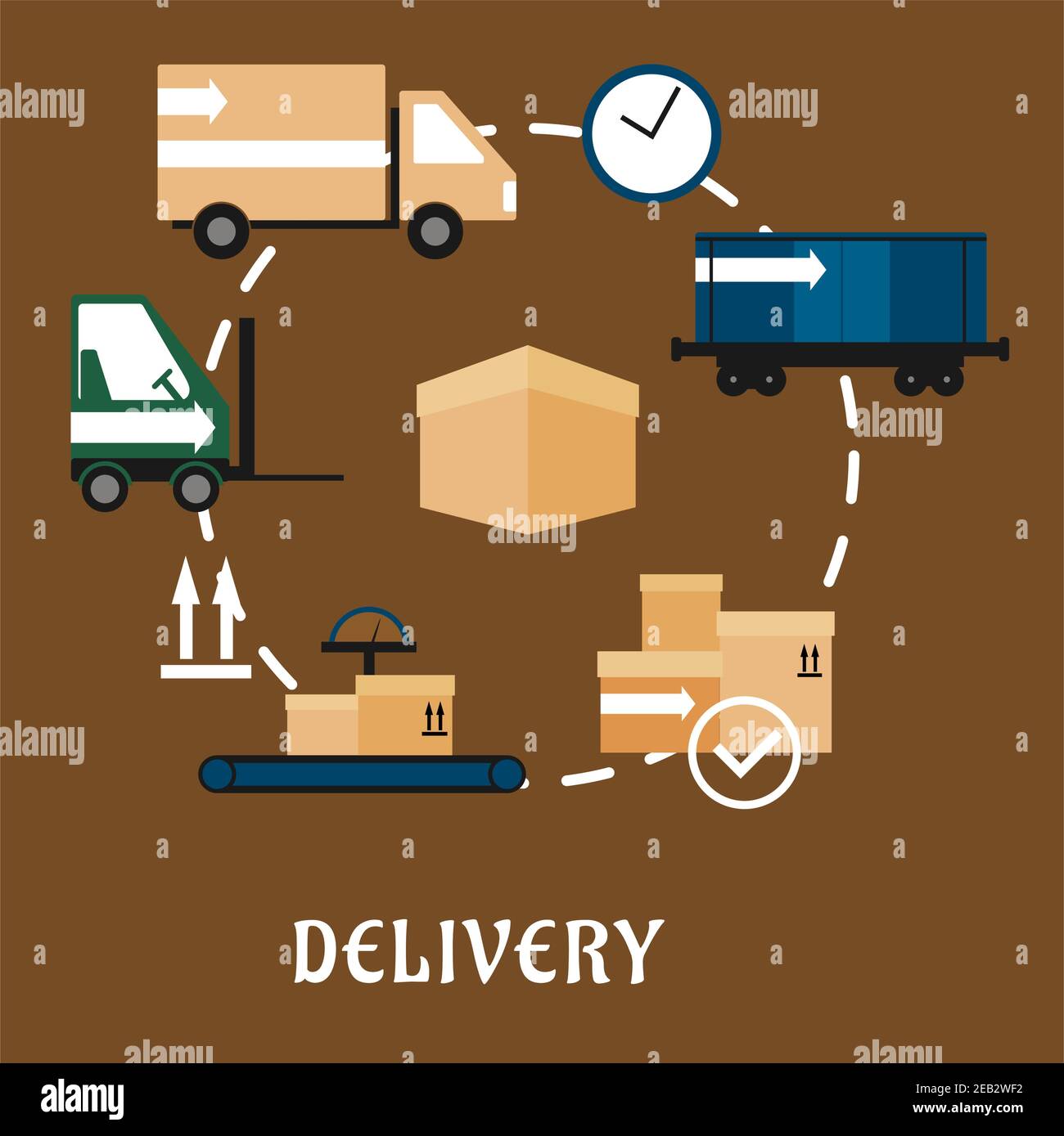 Delivery, shipping and logistics flat icons with container train ...