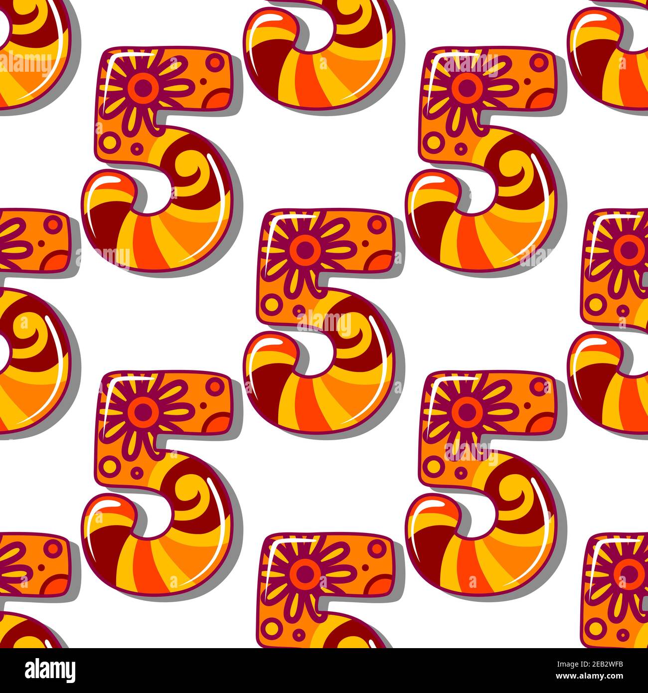 Colorful numbers 5 seamless pattern with flowers and swirls on white ...