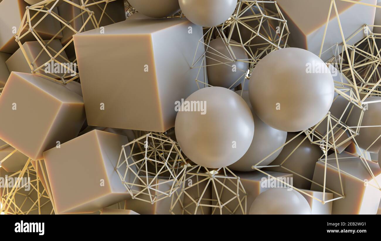 Abstract art of cubes, spheres and wireframe objects Stock Photo - Alamy