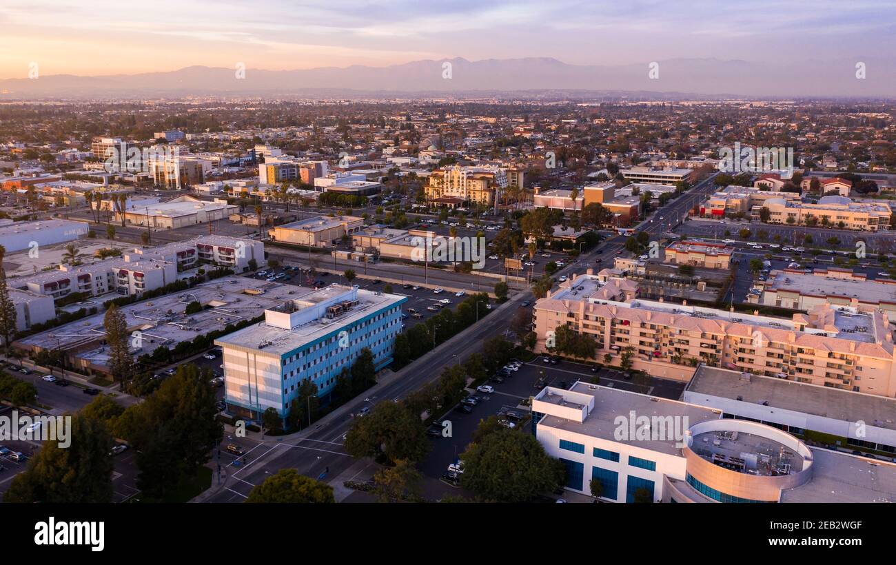Sunset aerial view of downtown Downey, California, USA Stock Photo - Alamy