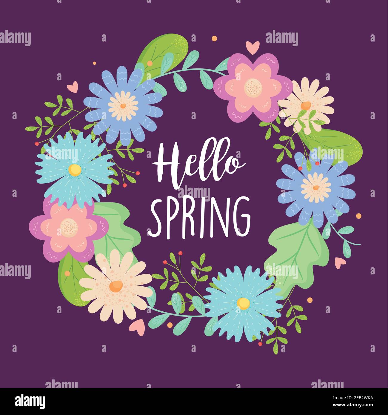 hello spring design with wreath of flowers over purple background ...
