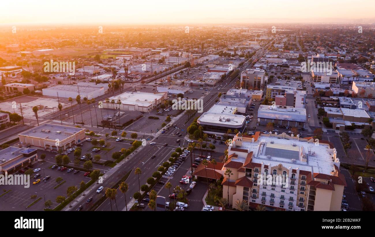 Sunset aerial view of downtown Downey, California, USA Stock Photo - Alamy