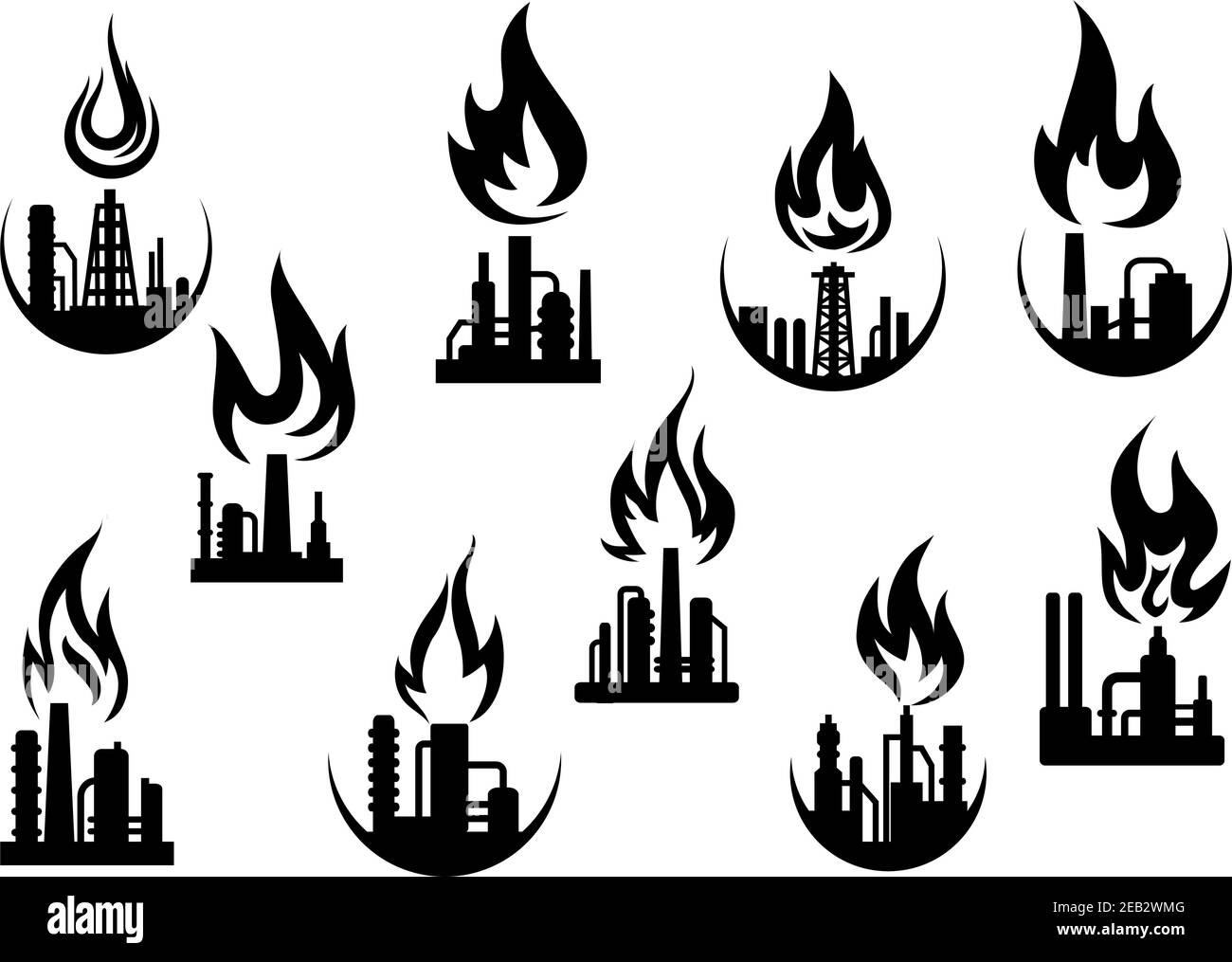 Petroleum refinery and chemical industrial plant icons set with ...