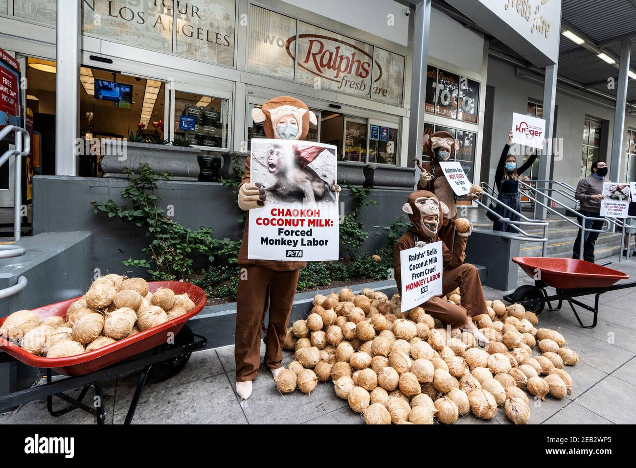 Los Angeles, USA. 11th Feb, 2021. PETA activists dressed in monkey ...