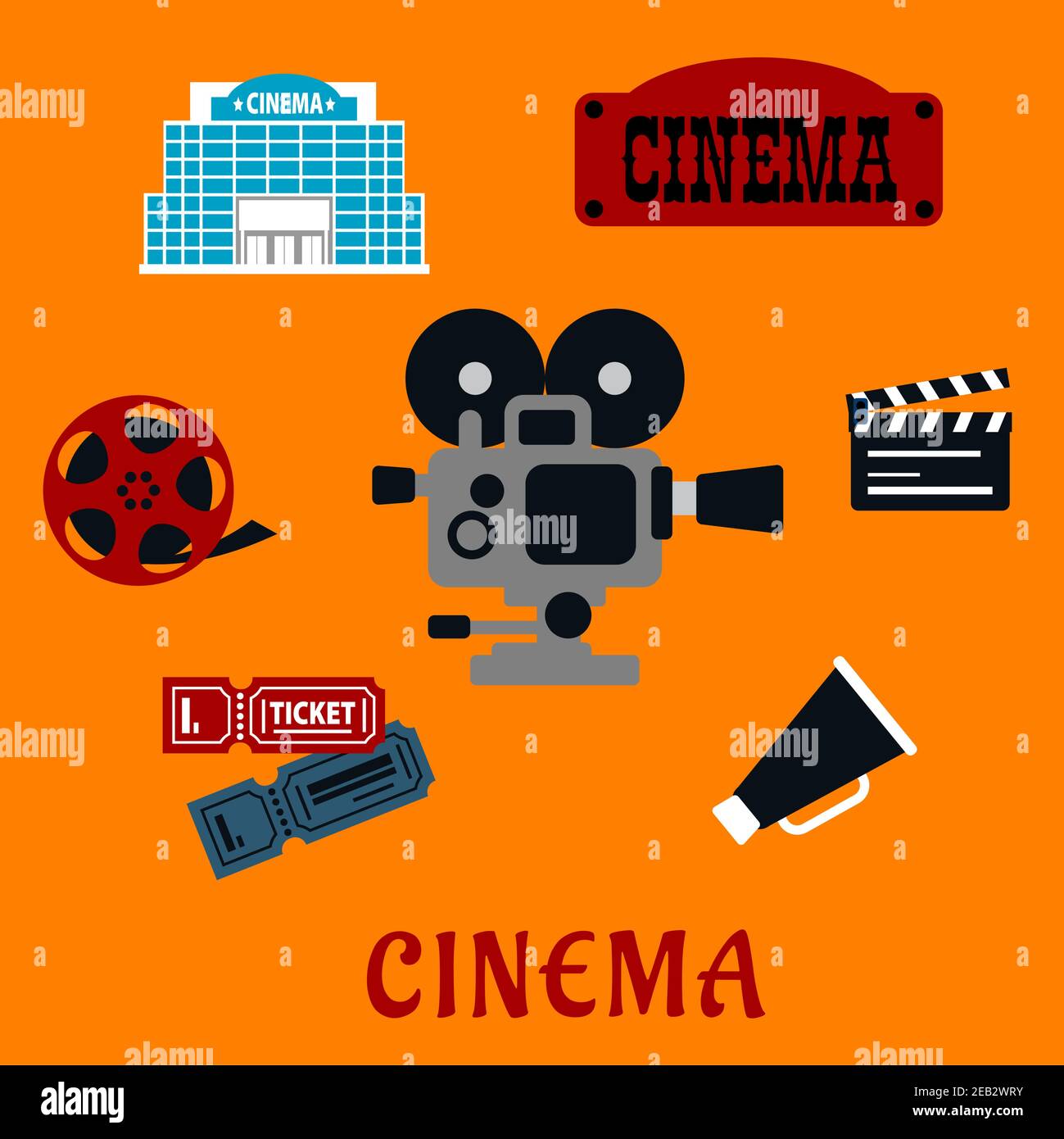 Movie production and cinema flat icons with film reel, clapboard, retro ...