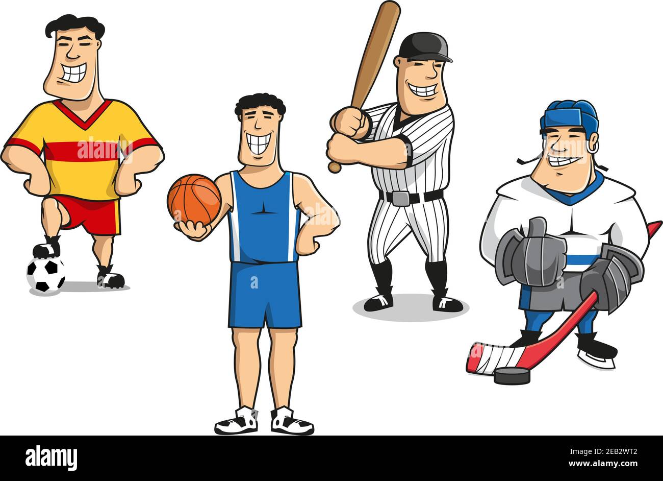 Cartoon smiling professional football, basketball, baseball and ice ...