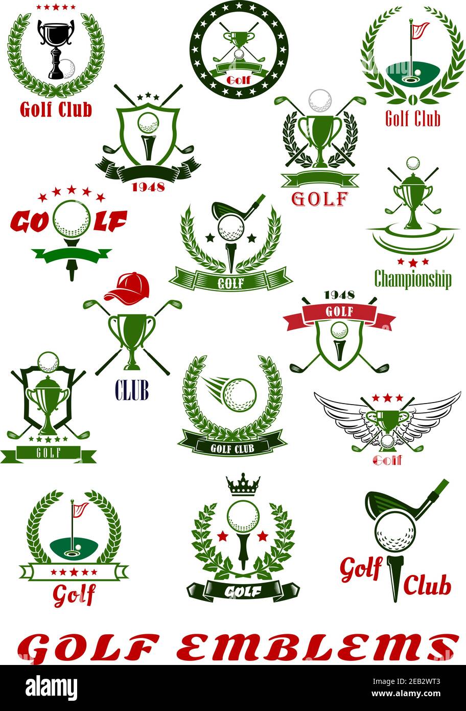 Golf sport icons and symbols set with balls, clubs, trophy cups and ...