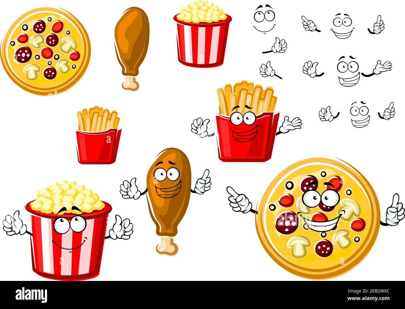 Joyful cartoon fast food pizza, fried chicken leg, french fries box and ...