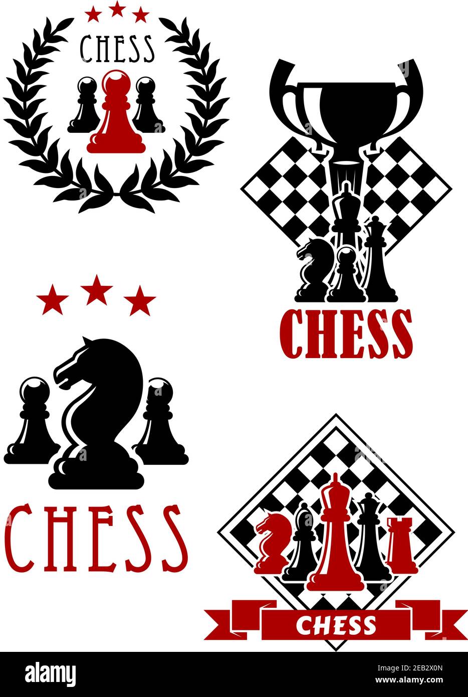 Chess tournament icons and emblems with king, queen, rook, bishop and ...