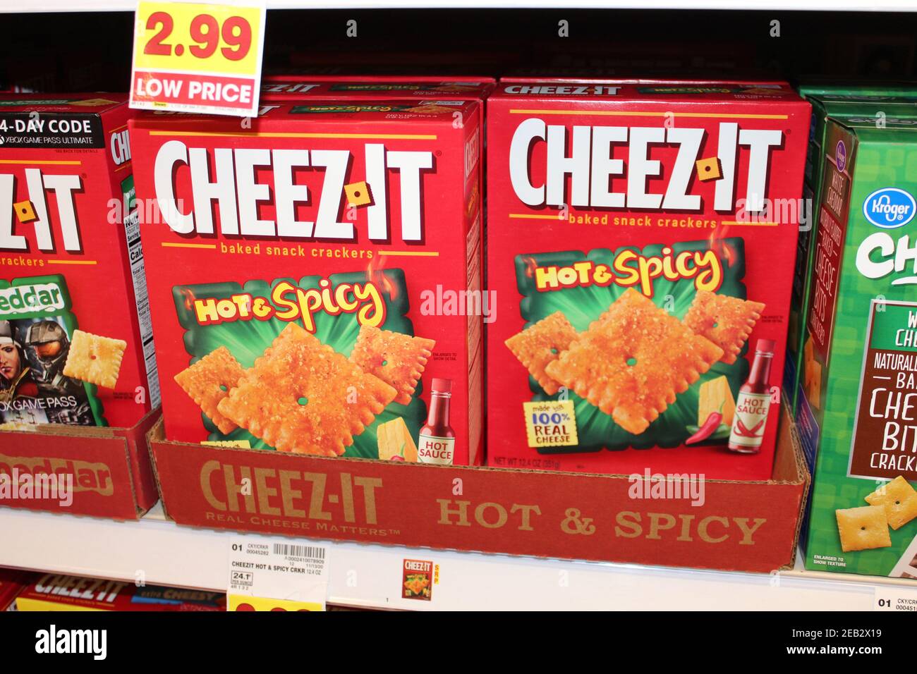 Cheez it Hot N Spicy shot closeup on a metal shelf in a grocery store ...