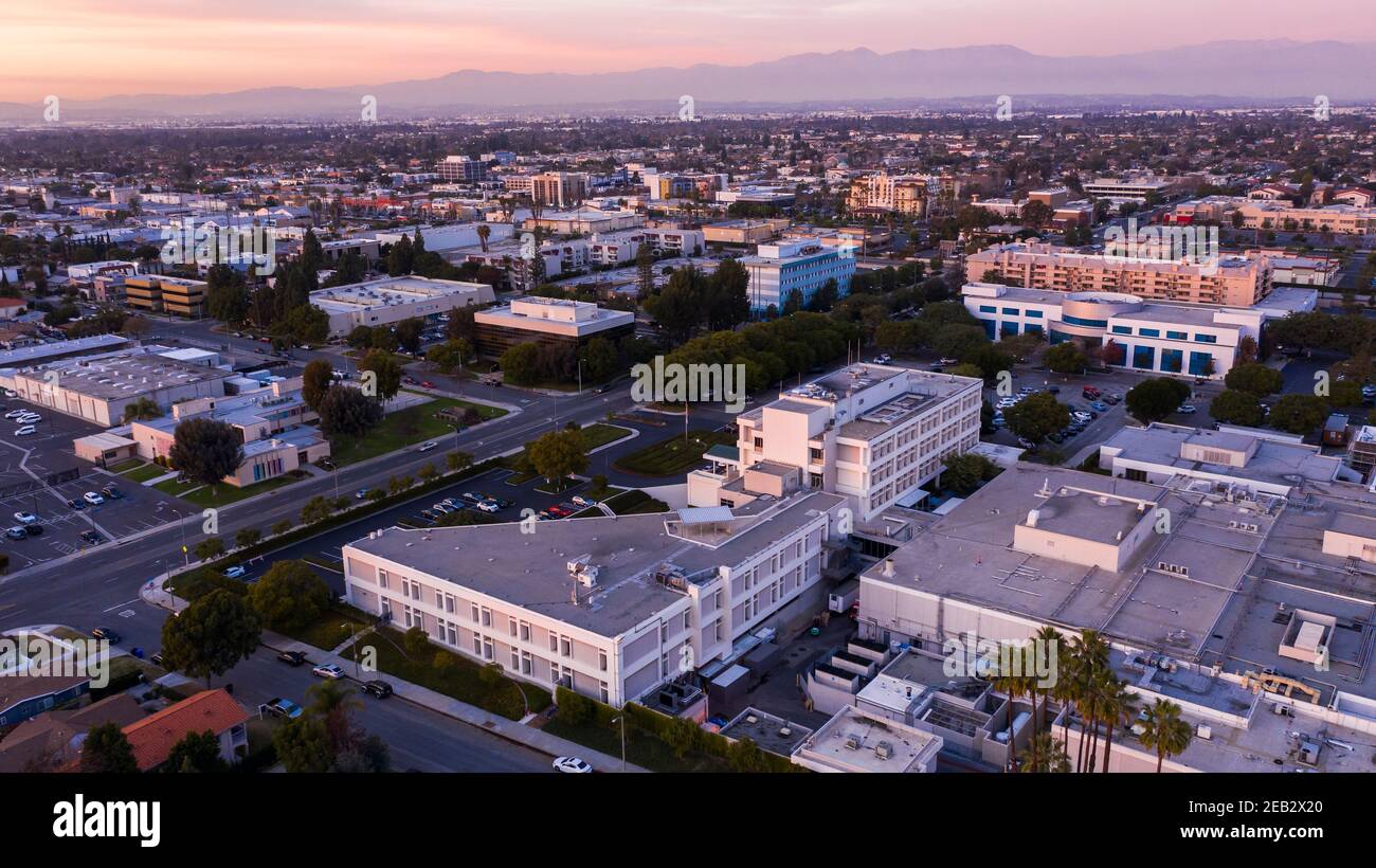 Sunset aerial view of downtown Downey, California, USA Stock Photo - Alamy