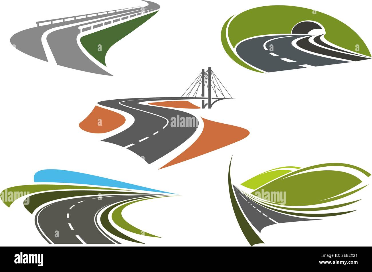Road bridge, highway tunnel, mountain freeway and steep turns of ...