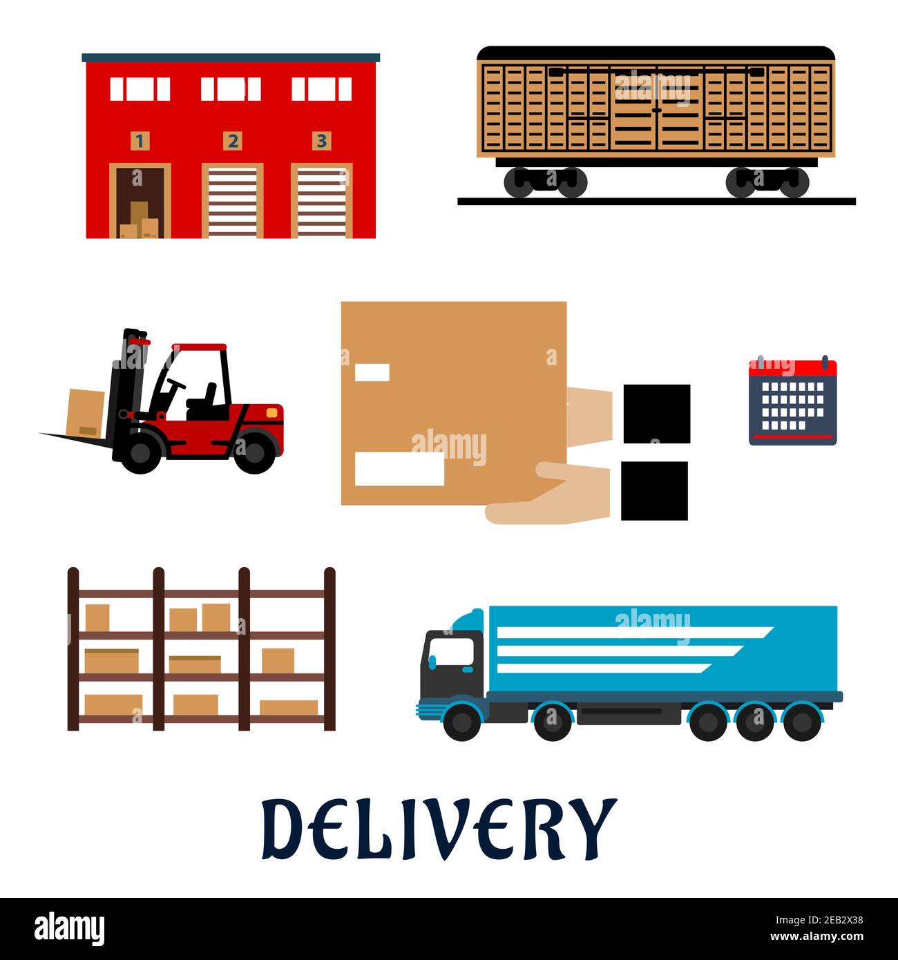 Delivery service flat icons with warehouse building, freight wagon ...