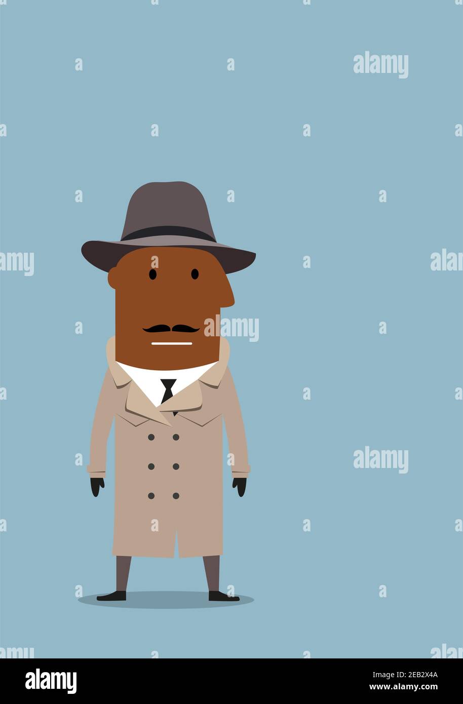 Serious african american detective man or spy agent in gray coat and ...