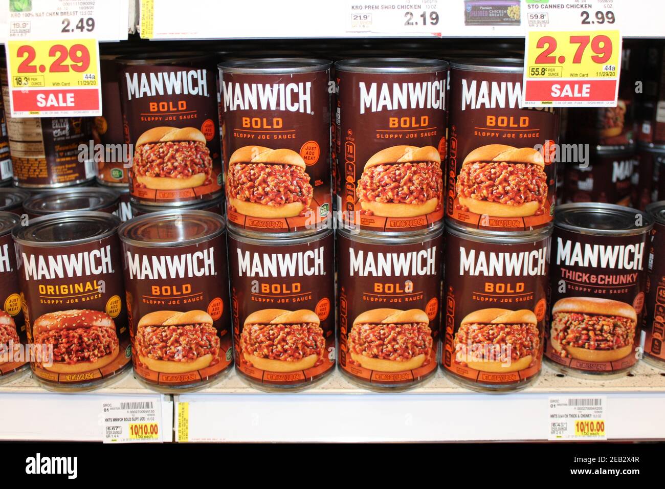 Manwich Sloppy Joe sauce shot closeup on a metal shelf in a grocery ...
