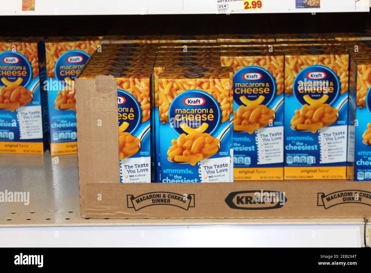 Kraft Macaroni and Cheese shot closeup in a cardboard box at a grocery ...