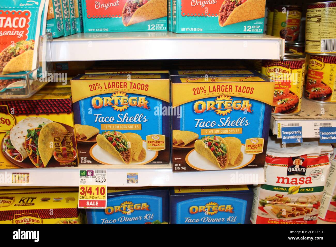 Ortega Taco shells shot closeup in a grocery store on a metal shelf ...
