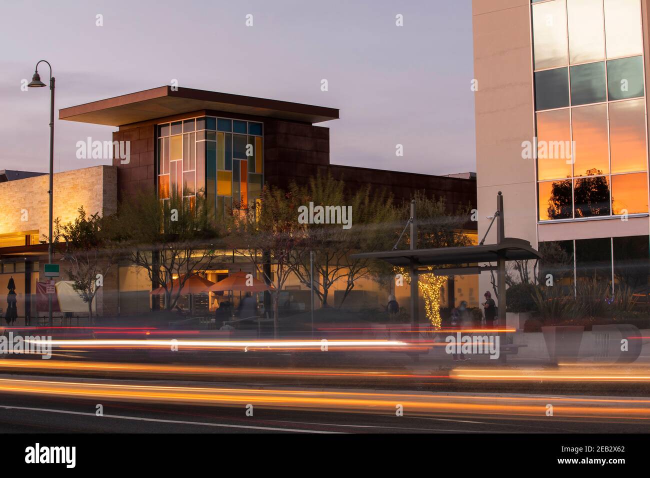 Twilight view of the downtown skyline of Downey, California, USA Stock ...
