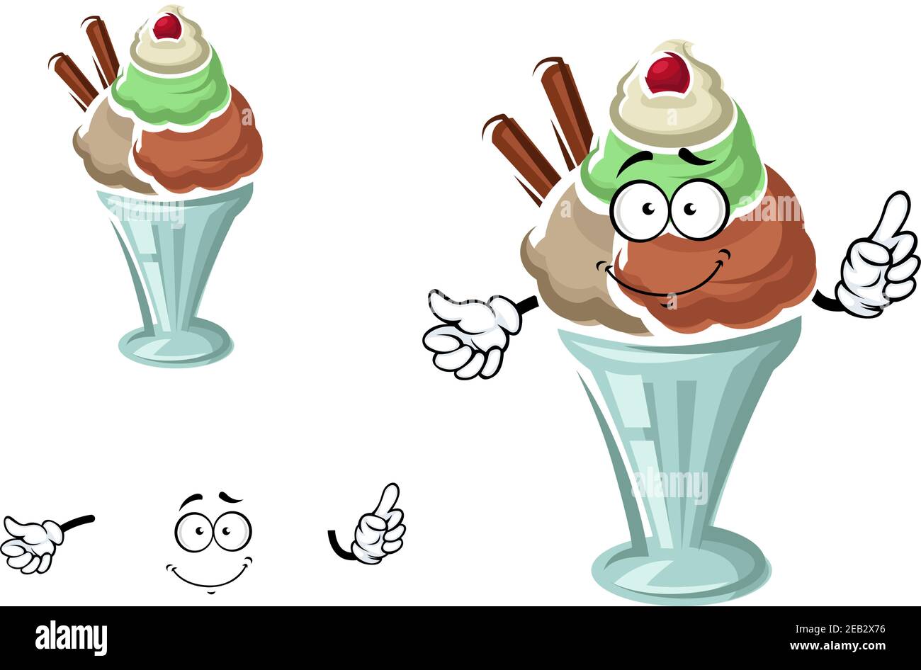 Cartoon sundae ice cream character with chocolate, vanilla, caramel and ...