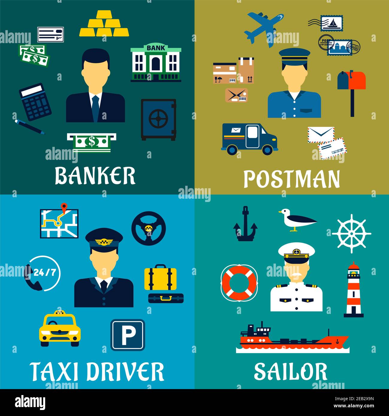 Banker, taxi driver, postman and sailor professions flat icons of men ...